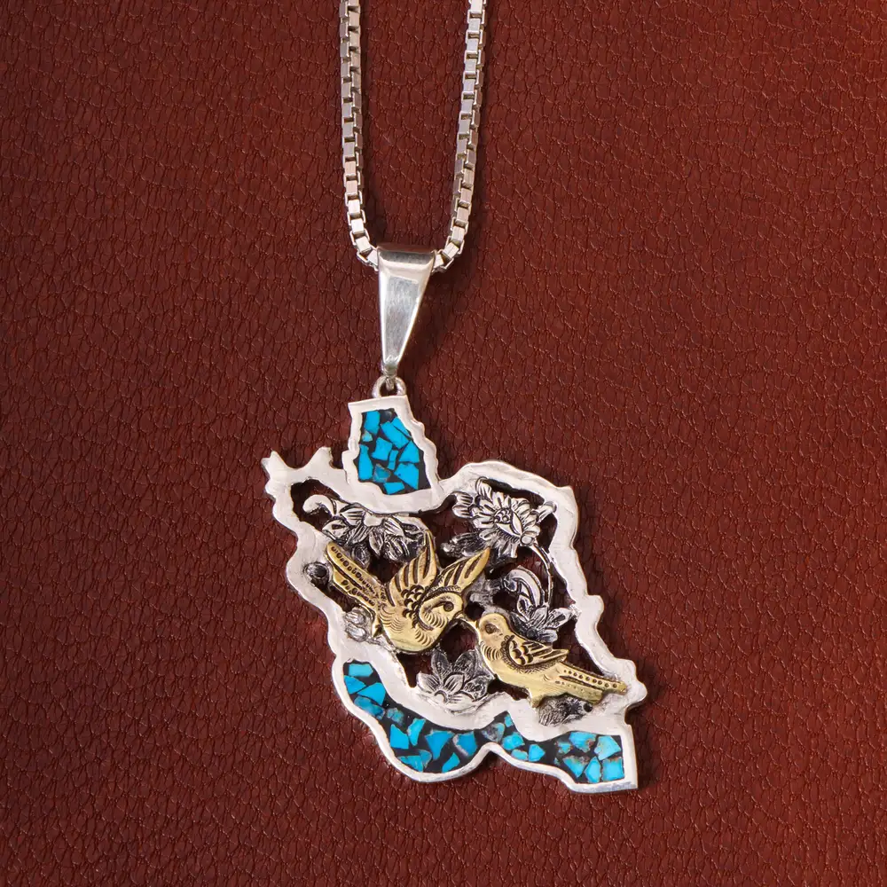 گردنبند فیروزه زنانه طرح گل و مرغ کد 26377 - جواهری مشاهیر